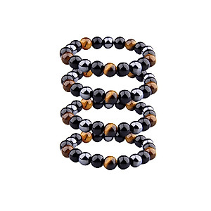 COLORFUL BLING 2/4 Pcs Triple Protection Bracelet Natural Bring Luck and Prosperity Obsidian Bracelet Black Obsidian - Hematite - Tiger Eye - Stone Bracelets - 4 Pcs
