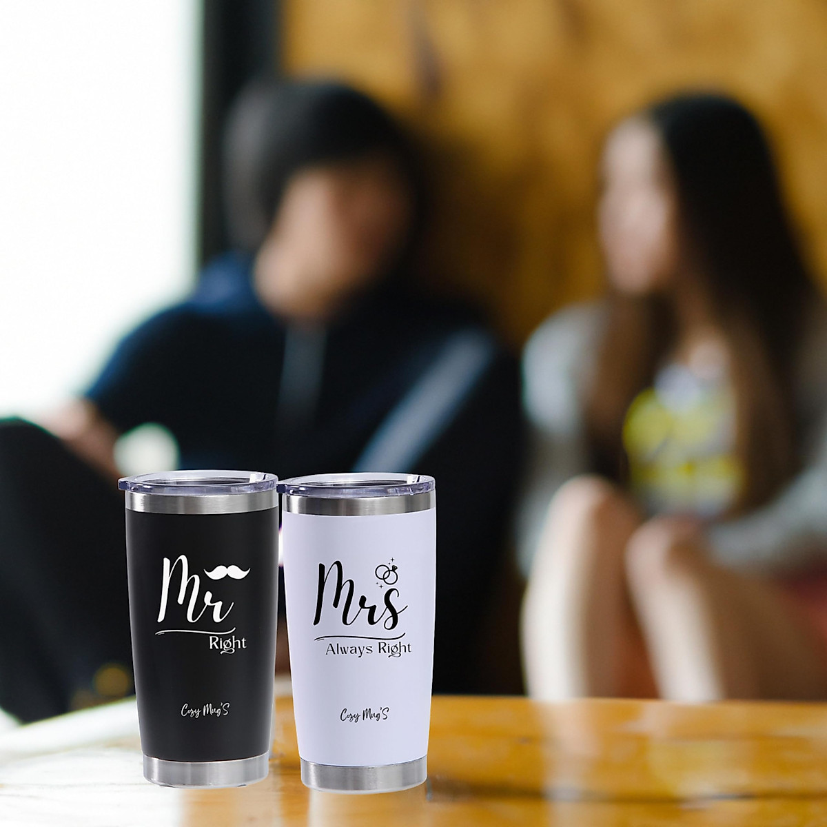 Coffee Tumbler Set 20OzDoubleWall, Travel Insulated Coffee/Tea Thermos, Long-Lasting Hot/Cold Beverages, Couple Gift for anniversary, valentine, birthday surprise- B&W