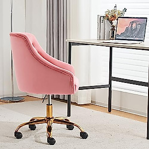MOJAY Velvet Office Swivel Chair, Vanity Chair, Fabric Desk Chair, Pretty Fancy Chair, Gold Office Chair for Girls, 360°Swivel Height Adjustable Reception Chair (Peach)