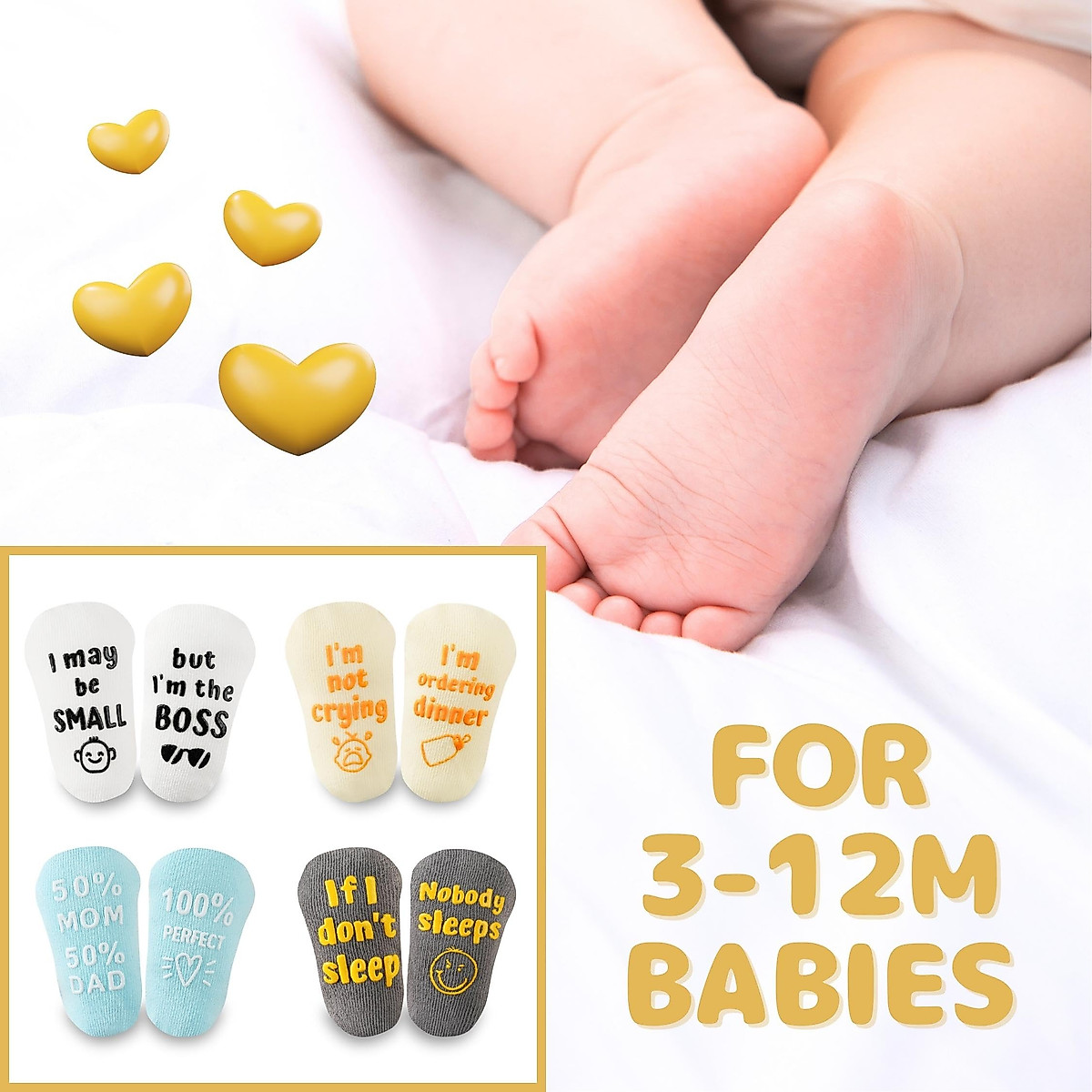 InnoBeta Baby Socks Set with Funny Quotes (4 Pairs) Newborn/Infant Socks for Baby Shower, Gender Reveal 3-12 Months, Gender Neutral