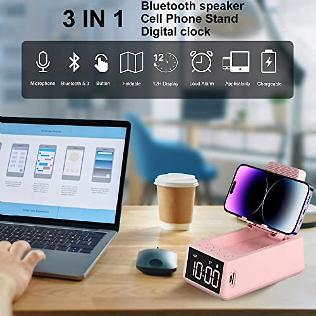Deeyaple 3 in 1 Wireless Bluetooth Speaker with Loud Alarm Clock Cell Phone Stand TF Card Reader 12H Display Mic HD Surround Sound Kitchen Bedroom Office Cell Phone＆Tablet (Pink)