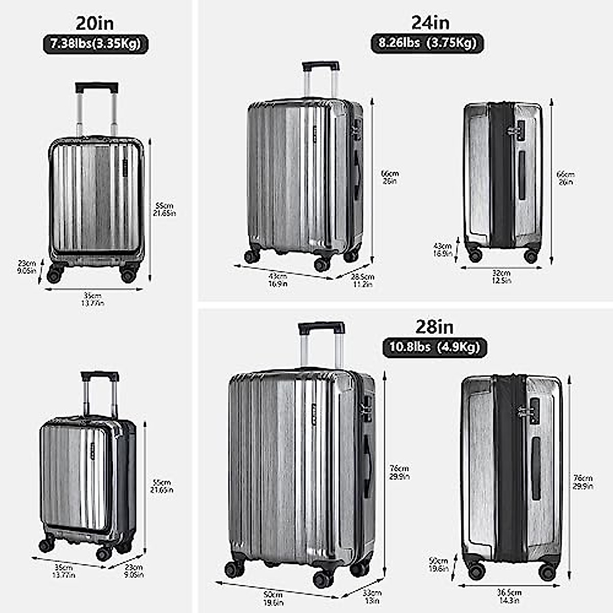 TydeCkare Luggage Set 3 Piece 20/24/28, 20" carry on with Front Pocket & 24/28" with Expandable, ABS+PC Suitcase with 4 Silent Wheels, TSA, YKK, Silver Grey
