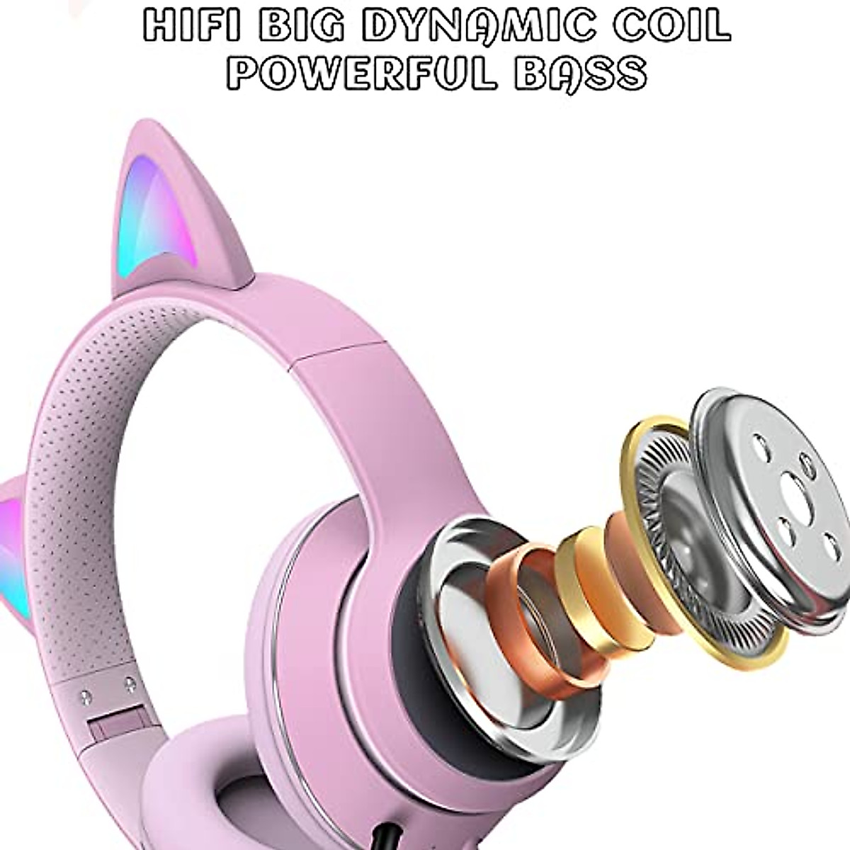 Cat Ear Gaming Headsets with Detachable Mic RGB Light Flashing Glowing Stereo Headphones, 7.1 Spatial Stereo Surround Sound Headset Over-Ear for PC, Xbox One, X & S, PS4, PS5, Nintendo Switch, Mobile