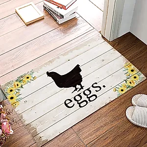 Door Mat for Bedroom Decor, Farm Chicken with Eggs Sunflowers Green Leaves Floor Mats, Holiday Rugs for Living Room, Absorbent Non-Slip Bathroom Rugs Home Decor Kitchen Mat Area Rug 18x30 Inch