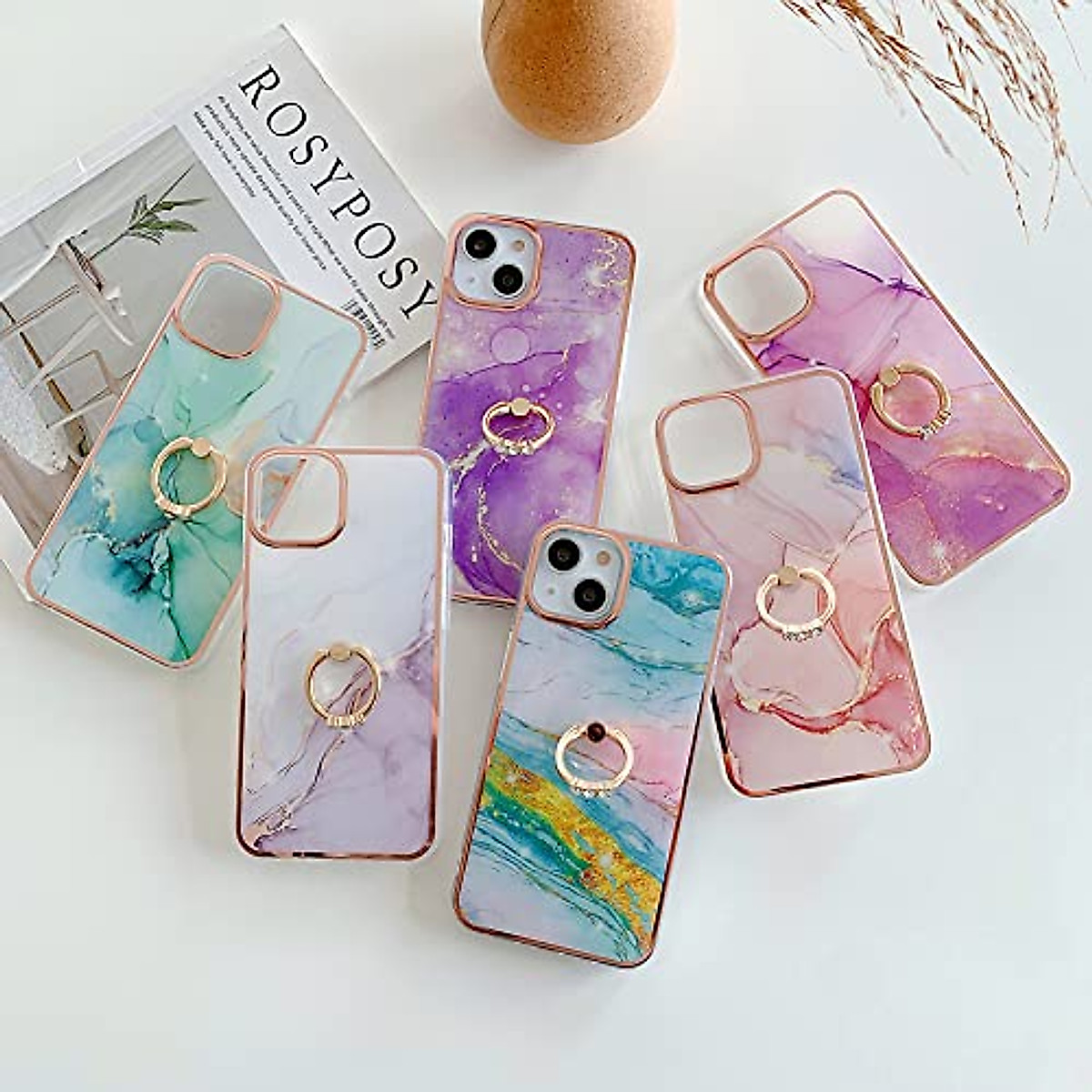 Dinglijia for Samsung Galaxy A22 4G Case, Soft TPU + IMD Marble Pattern Shiny Ring Kickstand Case for Girls and Women, Camera and Screen Protection Case for Samsung Galaxy A22 4G BKZH Rose Gold