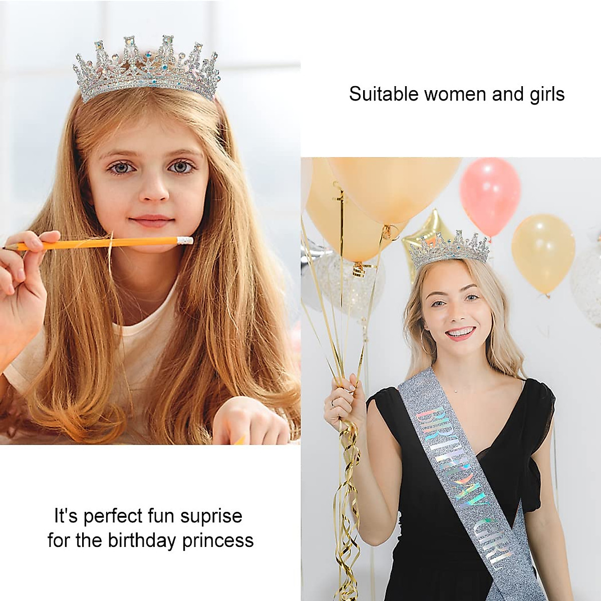 CURASA Silver Crystal Crown & Birthday Girl Sash Kit