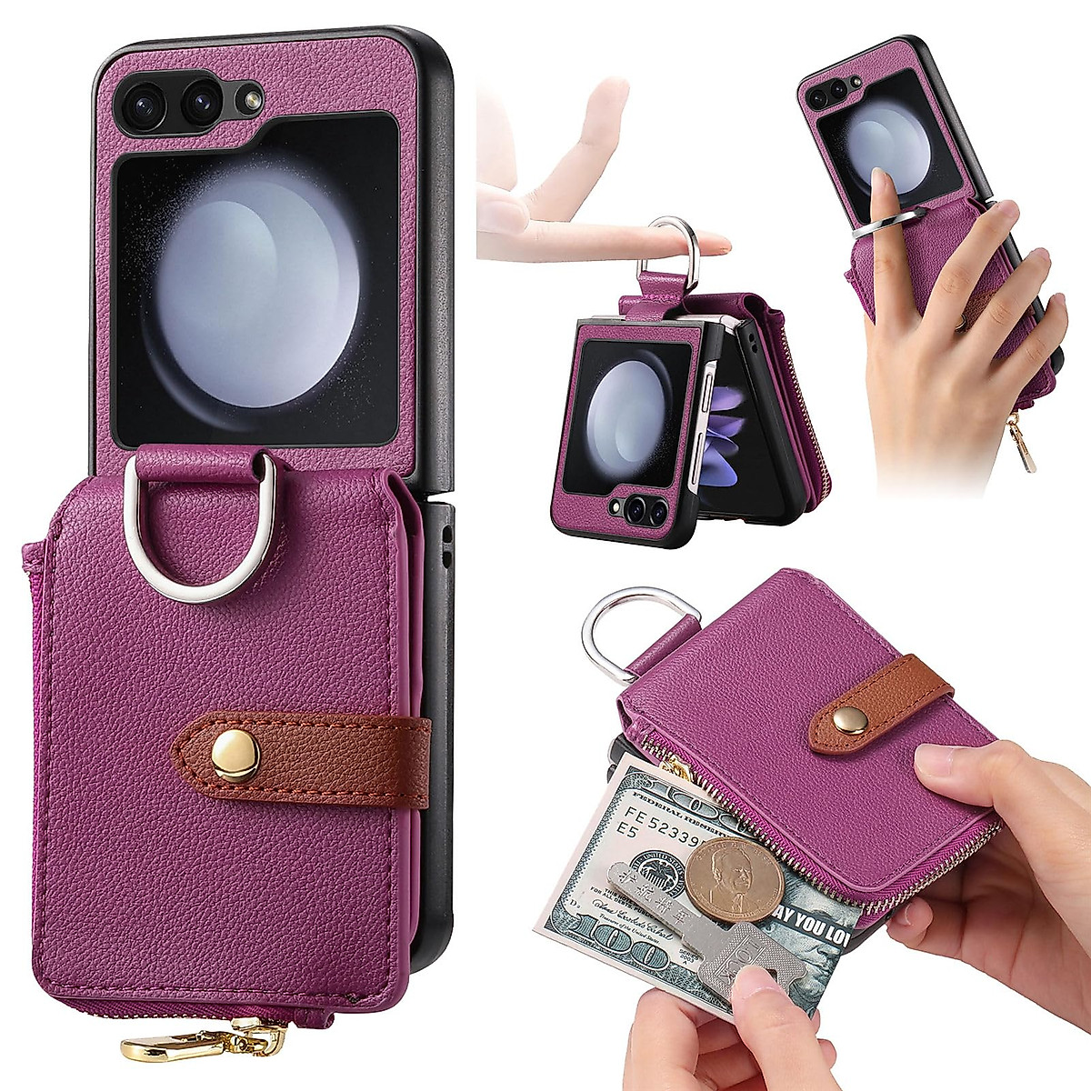 Asuwish Compatible with Samsung Galaxy Z Flip 5 5G 2023 Wallet Case and Card Slot Holder Ring Magnetic Clasp Cell Accessories Protective Zipper Phone Cover for ZFlip5 Z5 Flip5 5Z Flip5case Purple