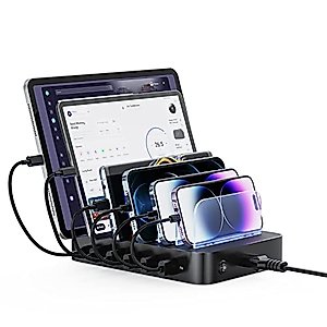 Charging Station for Multiple Devices, 6 Ports USB Charging Station with PD 20W USB-C & 8 Mixed Short Cables, 50W Multi USB Charger Station Compatible with iPhone, iPad, Cell Phone, Tablets
