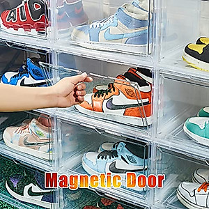 EZLucky 3 Pack Large Shoe Boxes Clear Plastic Stackable, Side Open Shoes Organizer with Magnetic Door, Clear Shoe Boxes Stackable for Display Sneakers, Fit Shoe Size Up to US 15 (14.2x11x8.7in)