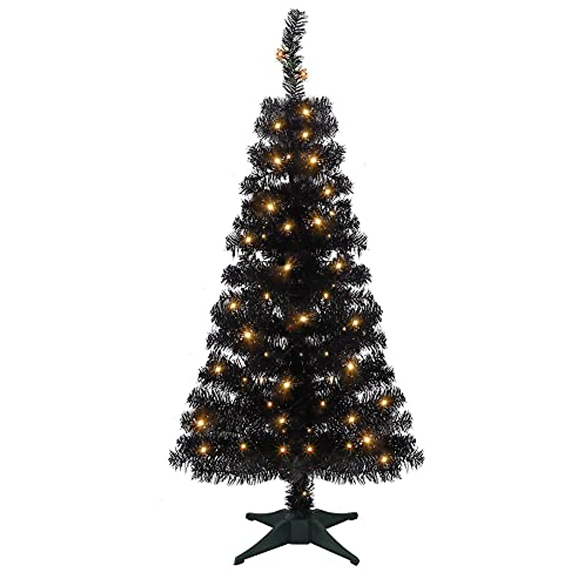 Juegoal Lighted Artificial Halloween Christmas Tree, Pre-lit 4 FT Black Tinsel Xmas Pine Trees, Light up with 70 LED Lights Battery Powered, 8 Modes & Timer for Home Office Party Decorations