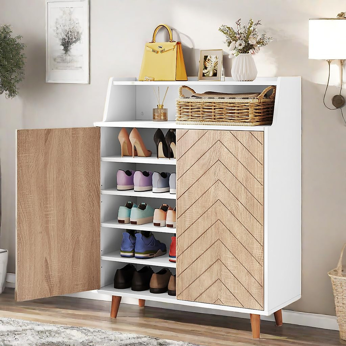 YITAHOME Shoe Cabinet for Entryway, 5-Tier Shoe Storage Cabinet with Door, Large Capacity Wooden Shoes Rack Organizer with Pine Wood Legs for Entryway/Entrance, White