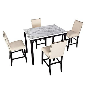 Harper & Bright Designs 5-Piece Kitchen Table Set Faux Marble Top Counter Height Dining Table Set with 4 Beige Fabric Upholstered Chairs