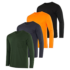 4 Pack:Men’s Long Sleeve Pocket T-Shirt Workout Quick Dry Crew UPF Sun Fishing Dri Fit Gym Tee Athletic Active Performance Casual Wicking Exercise Running Cool Sport Training Undershirt Top Set 7, XL