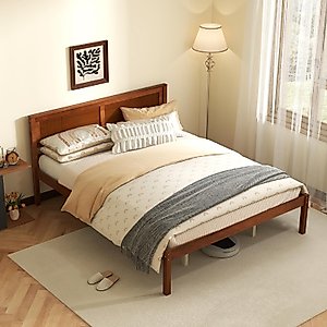 KOMFOTT Queen Size Wood Platform Bed Frame with Headboard, Solid Wood Bed Frame with Slat Support, 10-Leg Support, Under Bed Storage, 16” Mattress Foundation Bedroom Furniture, No Box Spring Needed