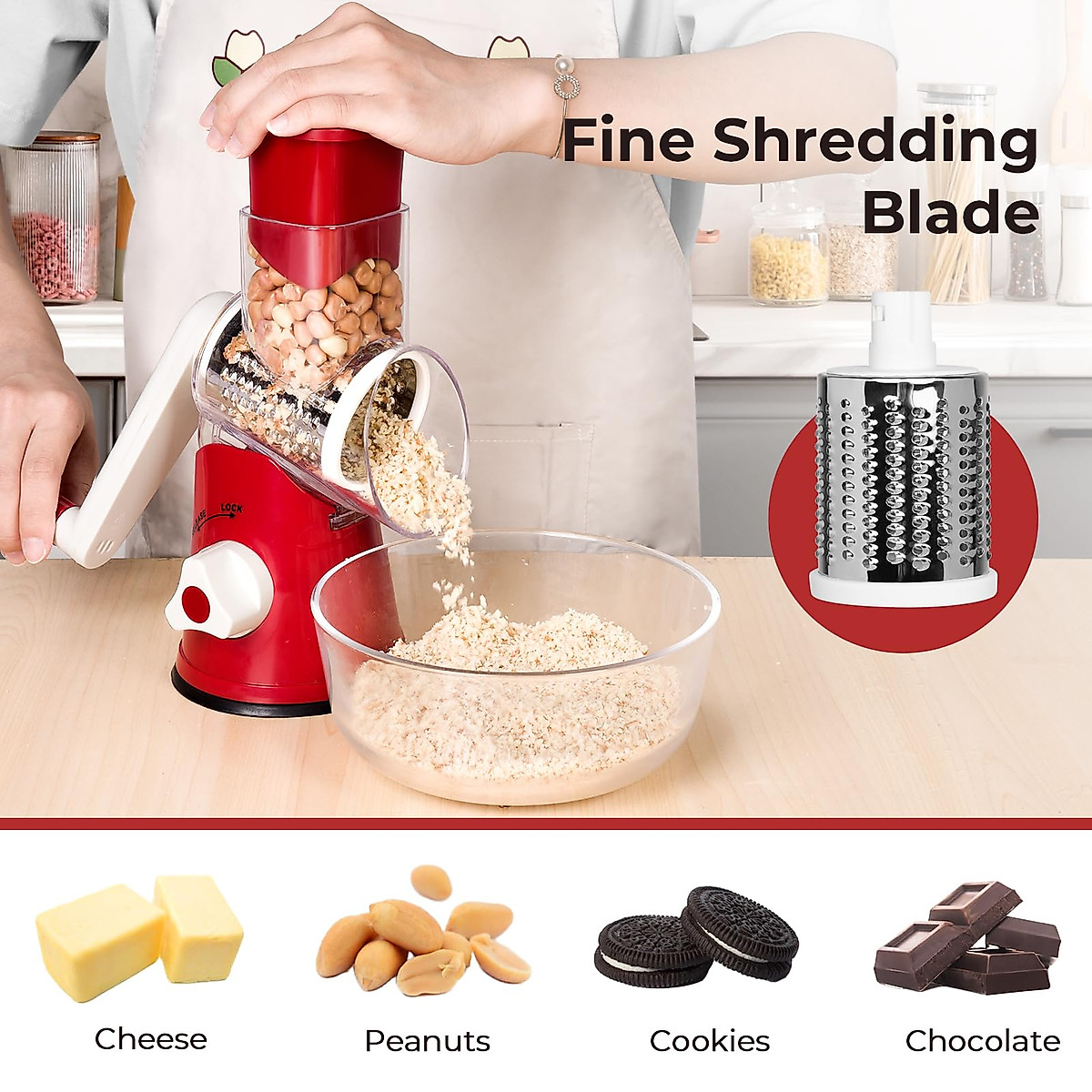 X Home Rotary Cheese Grater for Kitchen, Shredder with 3 Interchangeable Blades, Rotary Grater with Handle and Strong Suction Base, for Vegetables, Fruit, Nuts, Easy to Use and Clean, Red