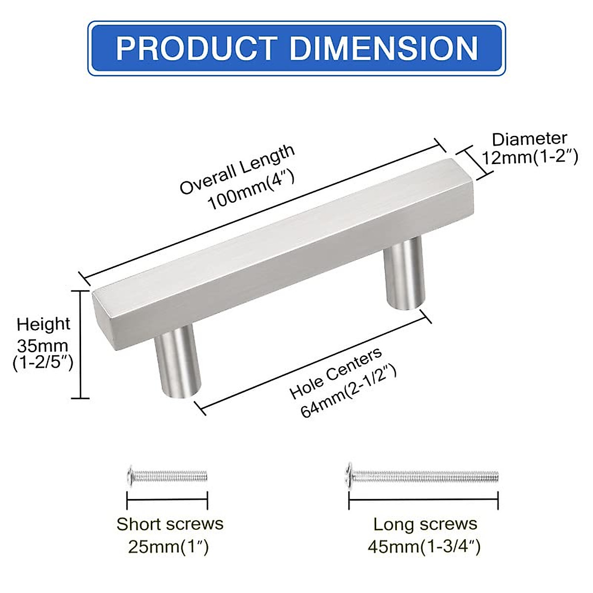 NIZADO 5 Pack Stainless Steel Cabinet Handles,2 1/2 Inch Satin Nickel Finish Drawer Pulls,Handles for Cabinets and Drawers,Square T Bar Cabinet Pulls, 4 Inch Overall Length