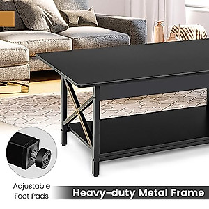 IFANNY Coffee Table, 44" Rectangle Cocktail Table with Storage Shelf, Industrial Accent Table with Metal Frame & Adjustable Foot Pads, Wood Center Table for Living Room, Home Office (Black)