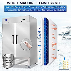 kalifon 54" Commercial Freezer with 2 Solid Door, 49 Cu.ft Reach-in Stainless Steel Freezer, Fan Cooling Freezer for Restaurant, Bar, Home, Shop, and Business(Equip 8 Shelves)