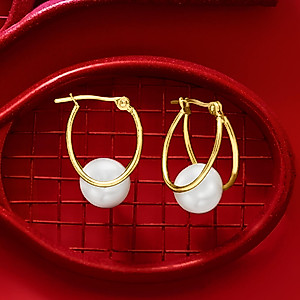 Ross-Simons 8-9mm Cultured Pearl Double-Hoop Earrings in 14kt Yellow Gold. 3/4