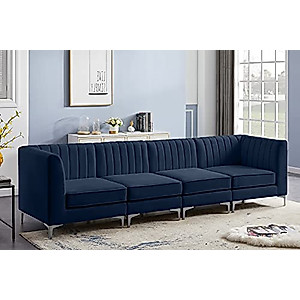 Meridian Furniture Alina Collection Velvet Upholstered Modular Sofa with Deep Channel Tufting, 119" Wide, Navy