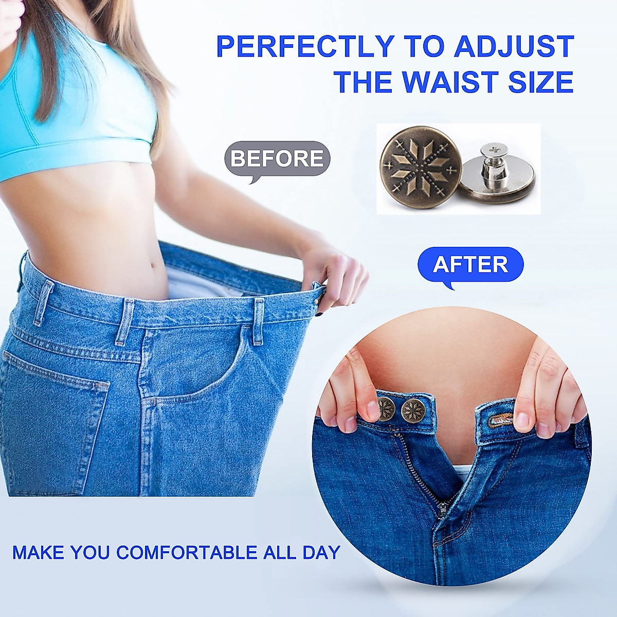 12 PCS Replacement Jean Button No Sew Screw Buttons, 20mm Removable Adjustable Metal Button Repair Sewing Kit with Screwdrivers, Pants Waist Tightener for Men, Women (Snowflake)