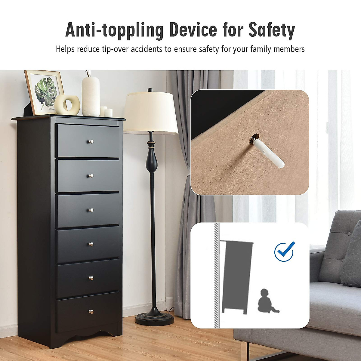 Giantex 6 Drawer Chest Wooden Dresser Clothes Organizer Bedroom, Hallway, Entryway Furniture Tall Storage Cabinet (Brown)