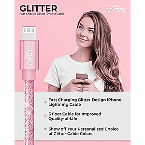 LIQUIPEL Powertek Glitter MFi Certified Charger Compatible for Apple iPhone, iPad, 6ft Cable, Lightning to USB Cable Cord, Fast Charging Lightning Cable (Pink)