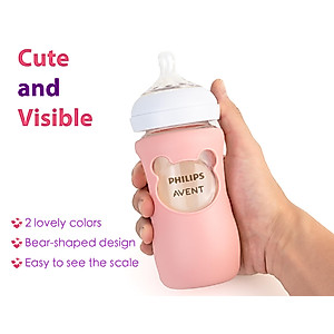 100% Silicone Baby Bottle Sleeves for Philips Avent Natural Glass Baby Bottles, Premium Food Grade Silicone Bottle Cover, Cute Bear Design, 8oz, Pack of 2 (Pink and Purple)