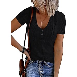MEROKEETY Women's Short Sleeve V Neck Ribbed Knit Button T Shirts Henley Solid Color Summer Tops, Black, L