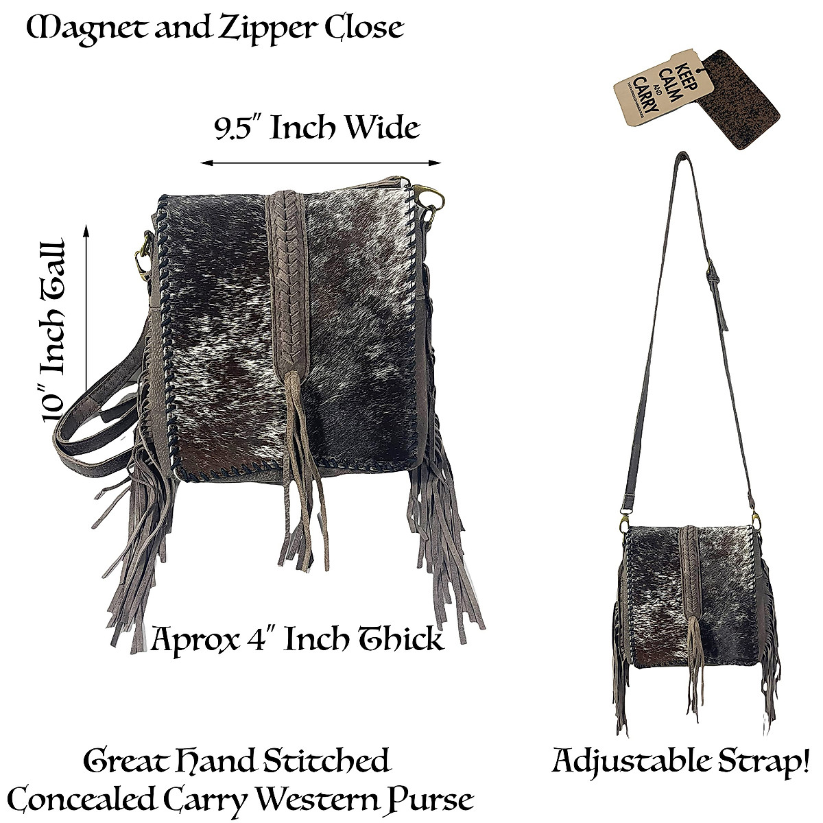 Urbalabs Western Cowhair Concealed Carry Womens Crossbody Fringe Purse Genuine Leather Handmade Stitched Handbag (Grey)