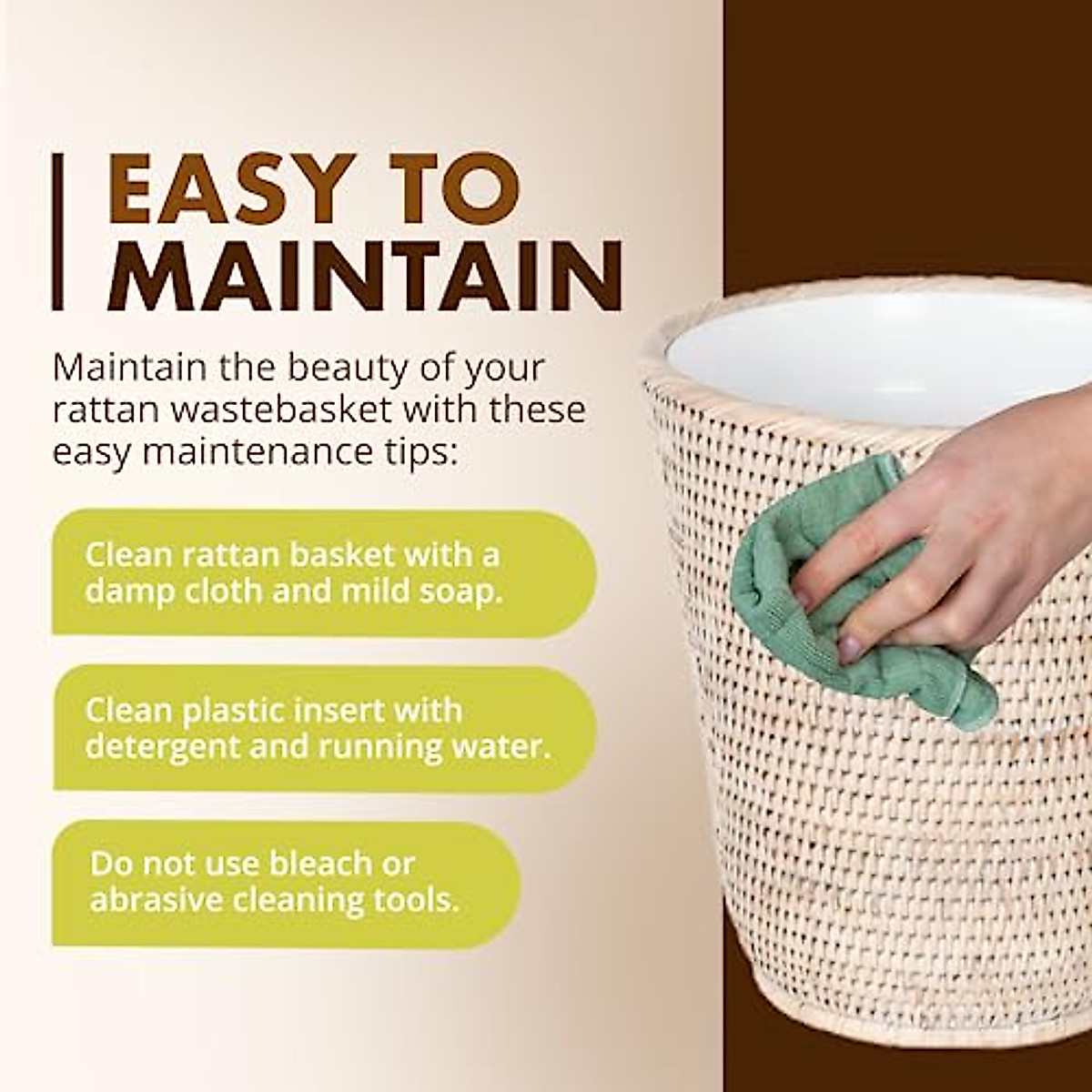 Kouboo La Jolla Rattan Plastic Insert, White-Wash Waste Basket