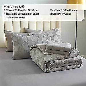 BESTCHIC 7 Piece Grid Bed in a Bag, Grey Plaid Comforter Set Queen Size, Embroidery Shabby Chic Tufted Comforters and Sheet, All Season Soft Microfiber Complete Bedding Sets (90x90 Inches)