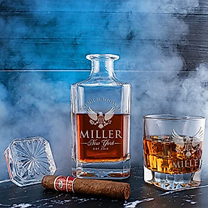 Decanter Set with Glasses Personalized, 3 PC - 25 Icon Options, Engraved Liquor, Whiskey Decanter Set with State Name, Last Name & Date, Classy Gifts for Men, Dad, Husband, Anniversary