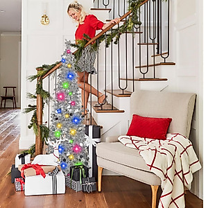 MACTING Christmas Pop up Tree with 50 LED Lights 5FT Silver Collapsible Easy-Assembly Coastal Glitter Tinsel Pencil Tree for Porch Apartment Corner Home Holiday Party Christmas Decorations