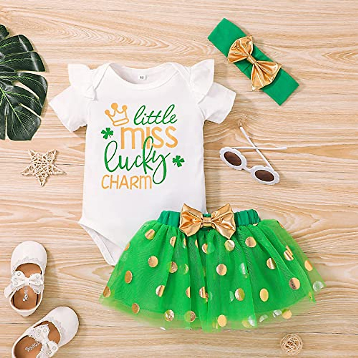 St.Patrick 's Day Newborn Baby Girl Short Sleeve Round Neck Romper Tops+Dots Tutu Tulle Skirt+Headband 3pcs Clothes Set (Green, 0-3 Months)