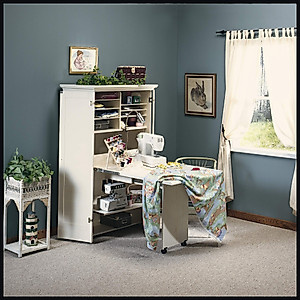 Sauder Harbor View Craft and Sewing Armoire with Table, Antiqued White finish