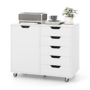 IFANNY Modern File Cabinet, White Lateral Filing Cabinet 5 Drawer with Universal Wheels, Wood Printer Stand with Storage, Rolling File Cabinets for Home Office, Living Dining Room, Bedroom, Kitchen