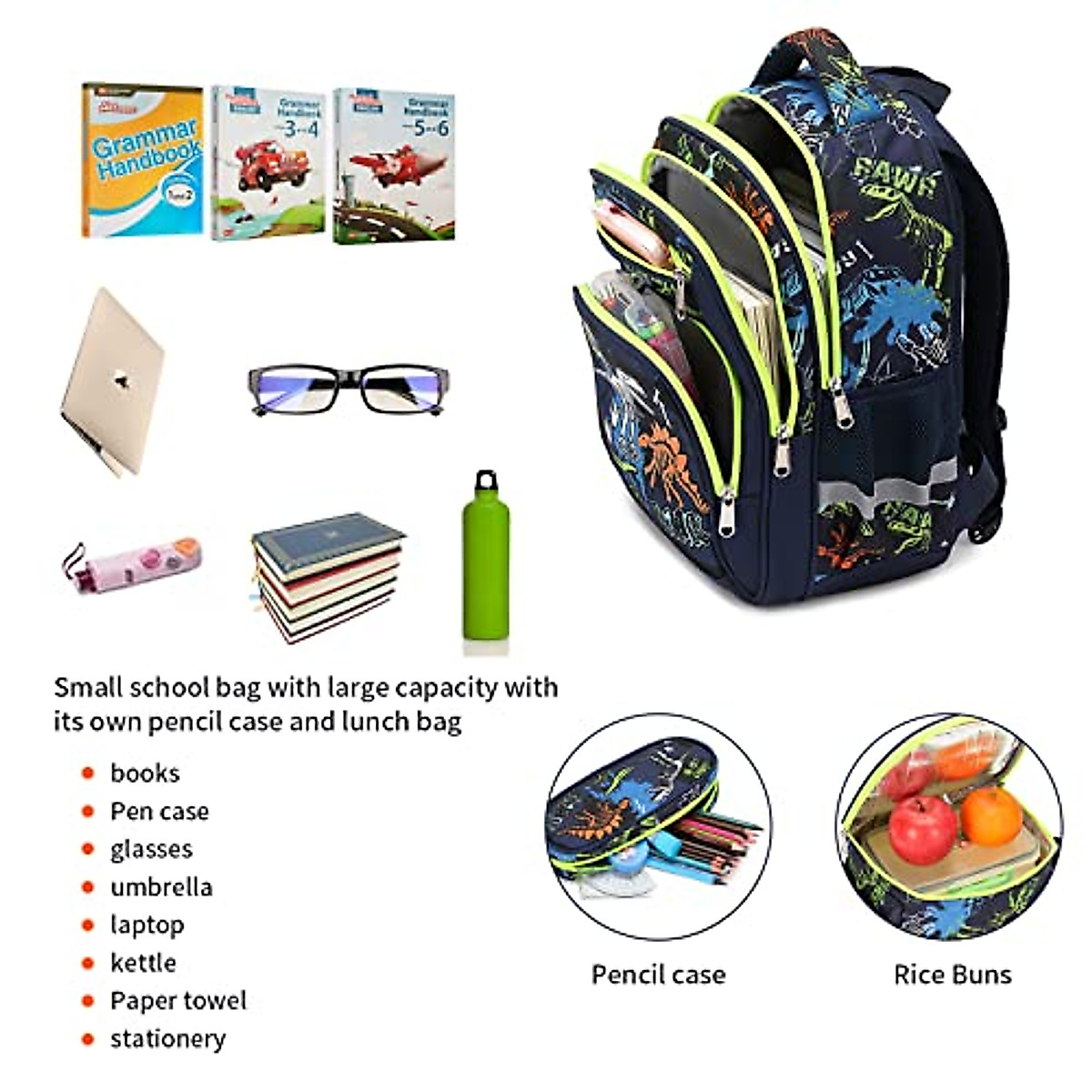 Wawakube 3Pcs Boys Dinosaur Backpack Set with Lunch Box Pencil Case, School Book Bag for Kids Elementary Preschool