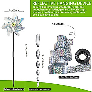 20 Pcs Bird Scare Devices 4 Eyes Balloons 3 Spiral Reflectors 2 Reflective Pinwheels with Stake 10 Reflective Scare Rods 16.4ft Bird Reflective Scare Tape to Keep Birds Away from Patio Pool Garden
