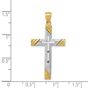Solid 14k Yellow and White Gold Two Tone Diamond-cut Cross Pendant Charm - 38mm x 19mm