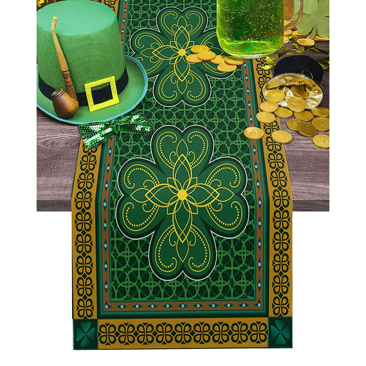 WAZZIT St. Patrick's Day Cotton Table Runner Decorative - Holiday Table Setting Decor Single Layer 13x70inch Traditional Shamrock Irish Decor Retro Geometric