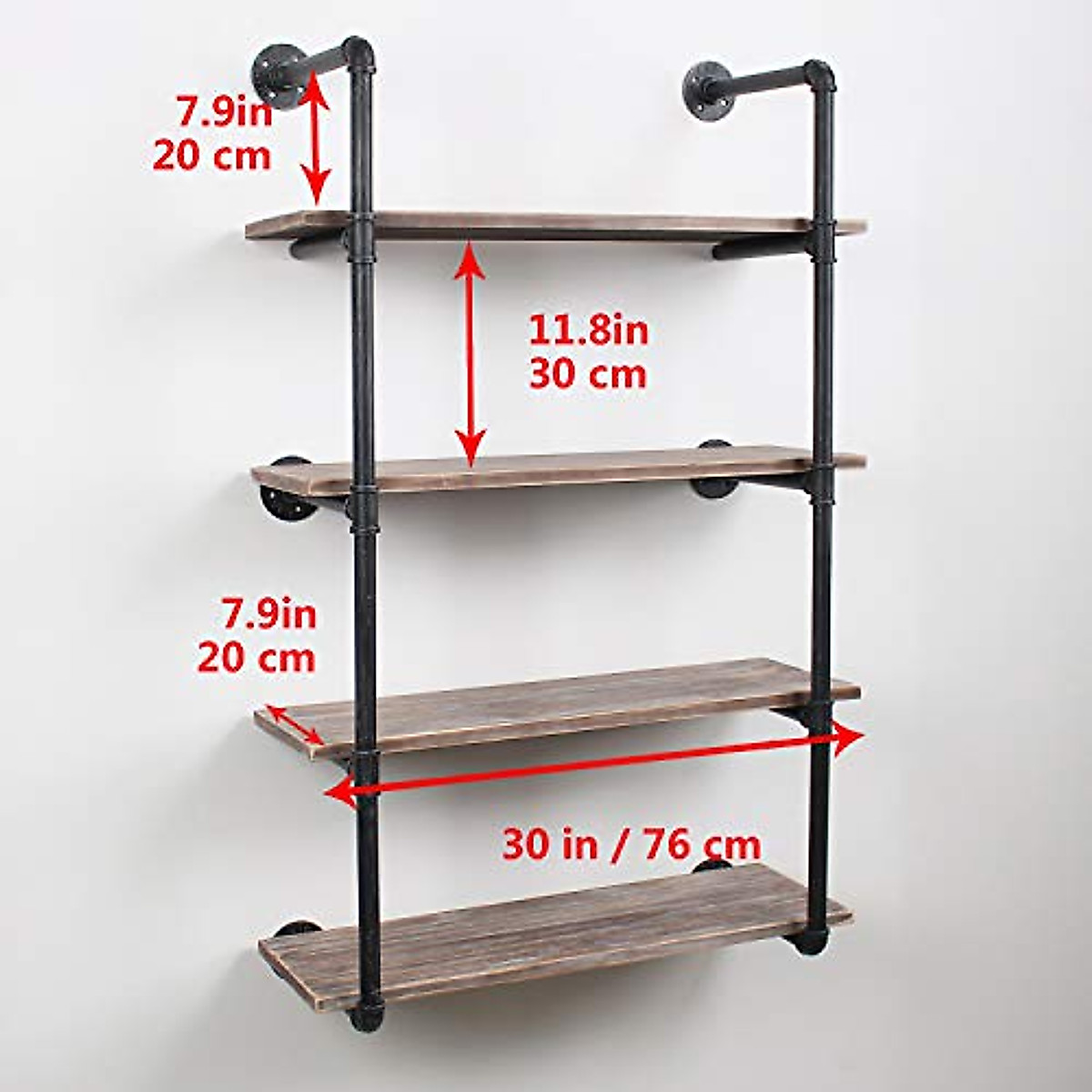 Industrial Pipe Floating Shelves,4 Tiers Wall Mount Bookshelf,30in Rustic Wall Shelves,DIY Storage Shelving Wall Shelf,Rustic Wall Shelving Unit,Wall Book Shelf for Home Organizer,Black Brushed Silver