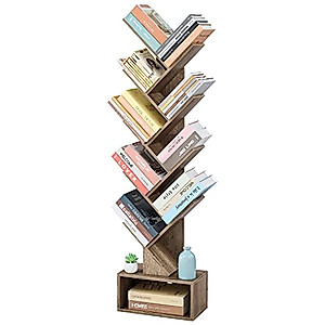 Tajsoon 9 Tier Tree Bookshelf with Drawer Bookcase, Floor Standing Book Storage Rack, Tall Bookshelf for CDs/Books/Movies, Bookshelf Organizer for Bedroom, Living Room, Home Office,Greige