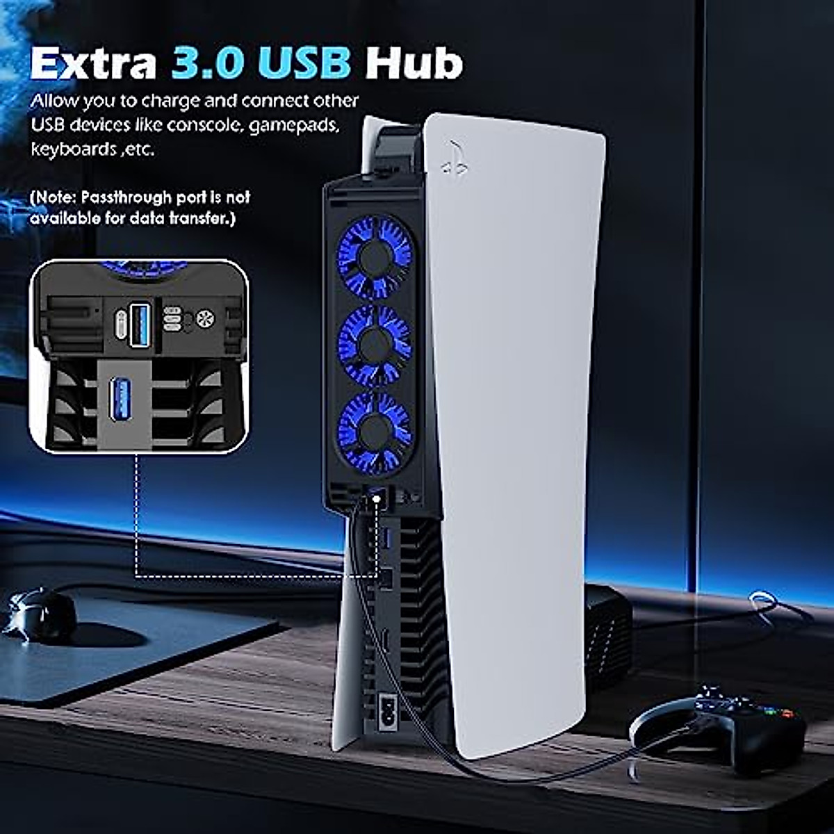 for PS5 Cooling Fan with Led Light, Quiet for PS5 Fan Cooling Fan HUIJUTCHEN for PS5 Cooler Cooling Fan for Playstation 5 Fan with 3 Small Fans 3.0 USB Port 2 Fan Speed Setting Fan