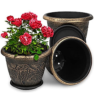 MADHOLLY Plant Pots with Drainage Holes & Saucers- Lightweight Resin Flower Pots- Retro Decorative Resin Planters for Indoor Outdoor Garden Flowers Plants (3 Pack)