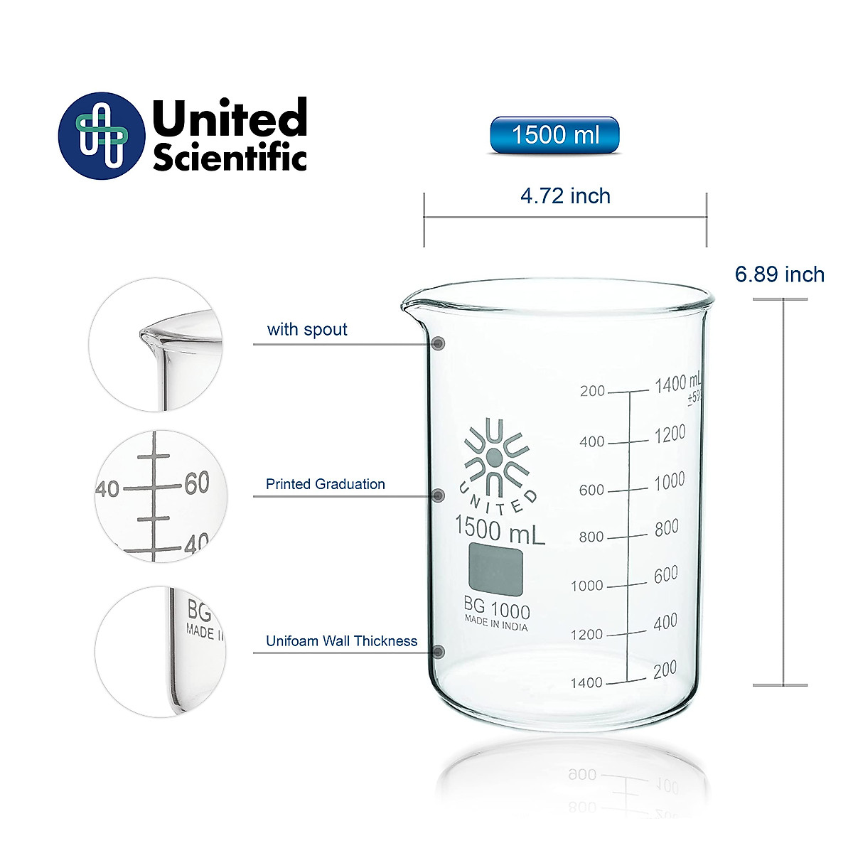 United Scientific™ BG1000-1500 Borosilicate Laboratory Grade Glass Beakers| Griffin Style Low Form Beaker | Graduated with Spout | Designed for Laboratories & Chemistry Classrooms| 1500mL Pack of 4