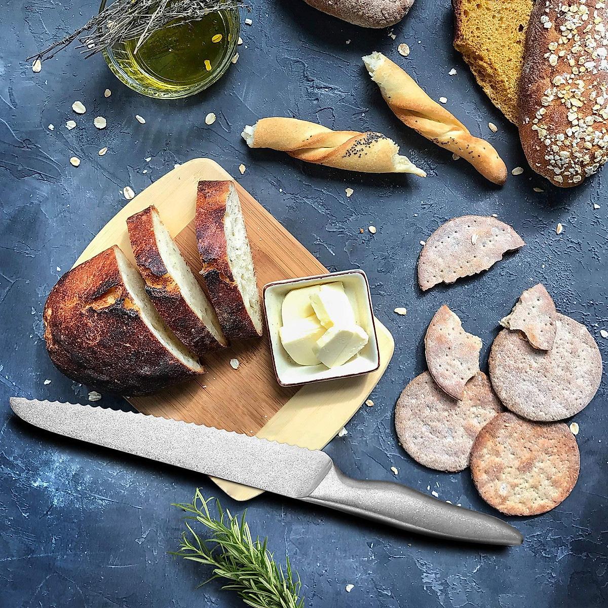 hecef Vintage Style Kitchen Knife Sets,Scratch Resistant Camping Matte Knives with 5 Slots Recycled Oxford Cloth Knife Roll Bag & Covers,Stonewashed High Carbon Stainless Steel Blades & Hollow Handle