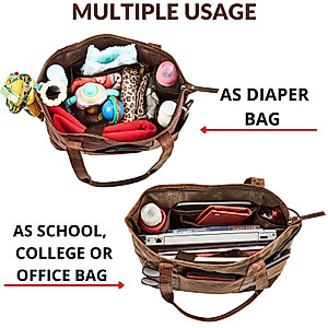 Wise Owl Accessories Tote Bag for Women Real Leather Shoulder Handbag Organizer Water Repellent Waxed Canvas with Compartments (Taupe)