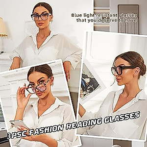 LADEESSE Readers for Women Oprah Style 3 Pack Square Reading Glasses with Spring Hinge Blue Light Blocking Ladies (Black+Grey+Blue, 3.00)