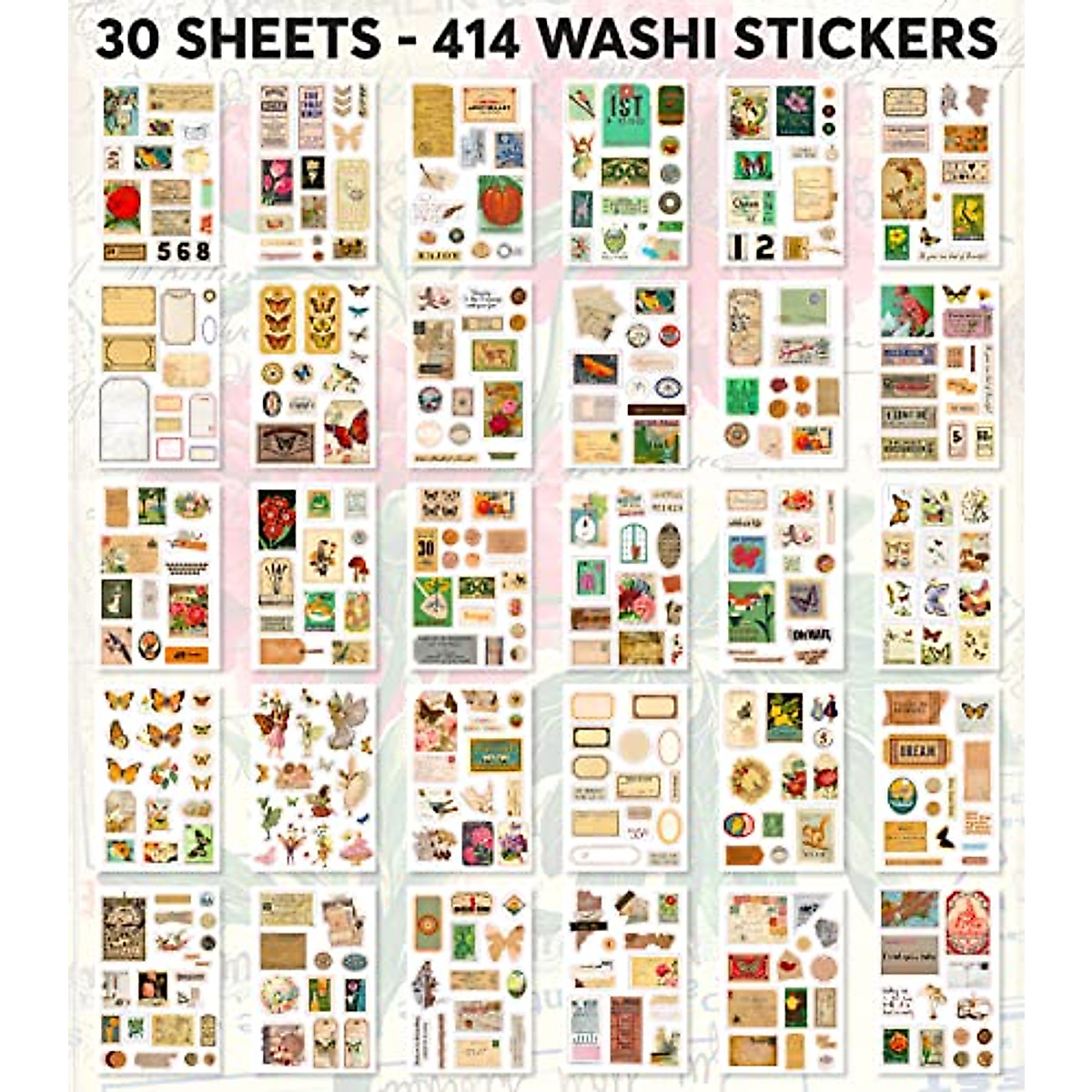 FAYWARE Vintage Washi Stickers for Journaling - Ephemera Sticker Book for Journaling with 414 Vintage Stickers & 20 Scrapbook Papers. Junk Journal Supplies, Scrapbooking Supplies for DIY Paper Crafts